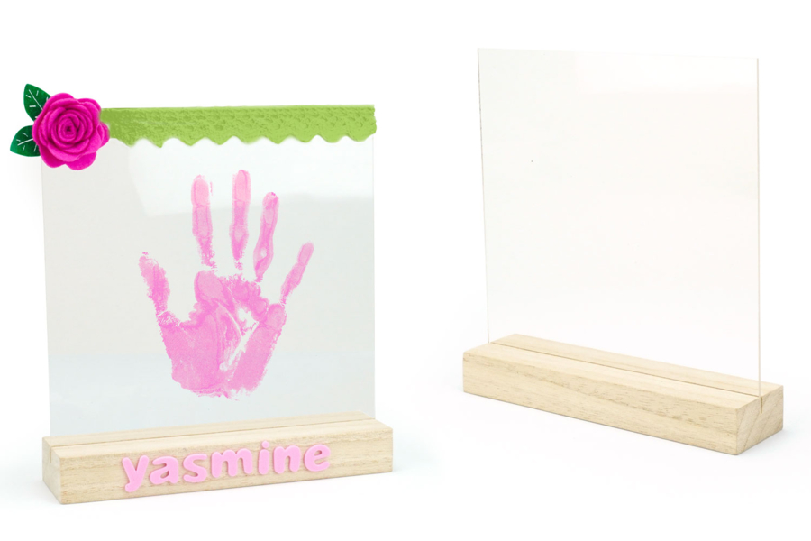 Cadre empreinte plaque plexiglas + socle - 15 cm - Cadres photos en bois